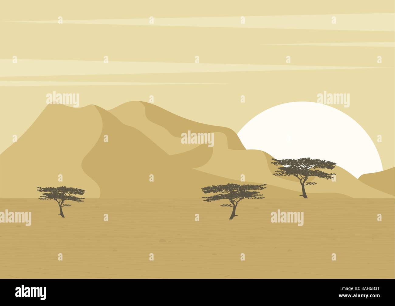 Desert landscape dunes and trees illustration. Kgalagadi Transfrontier ...