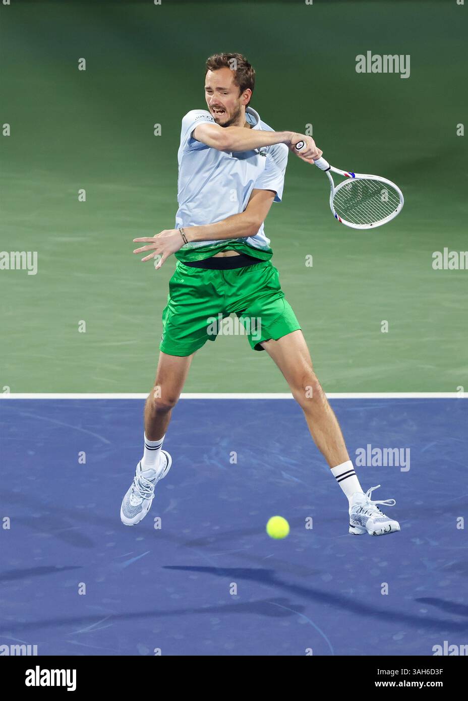 Russian tennis player Daniil Medvedev playing a forehand shot at the ...