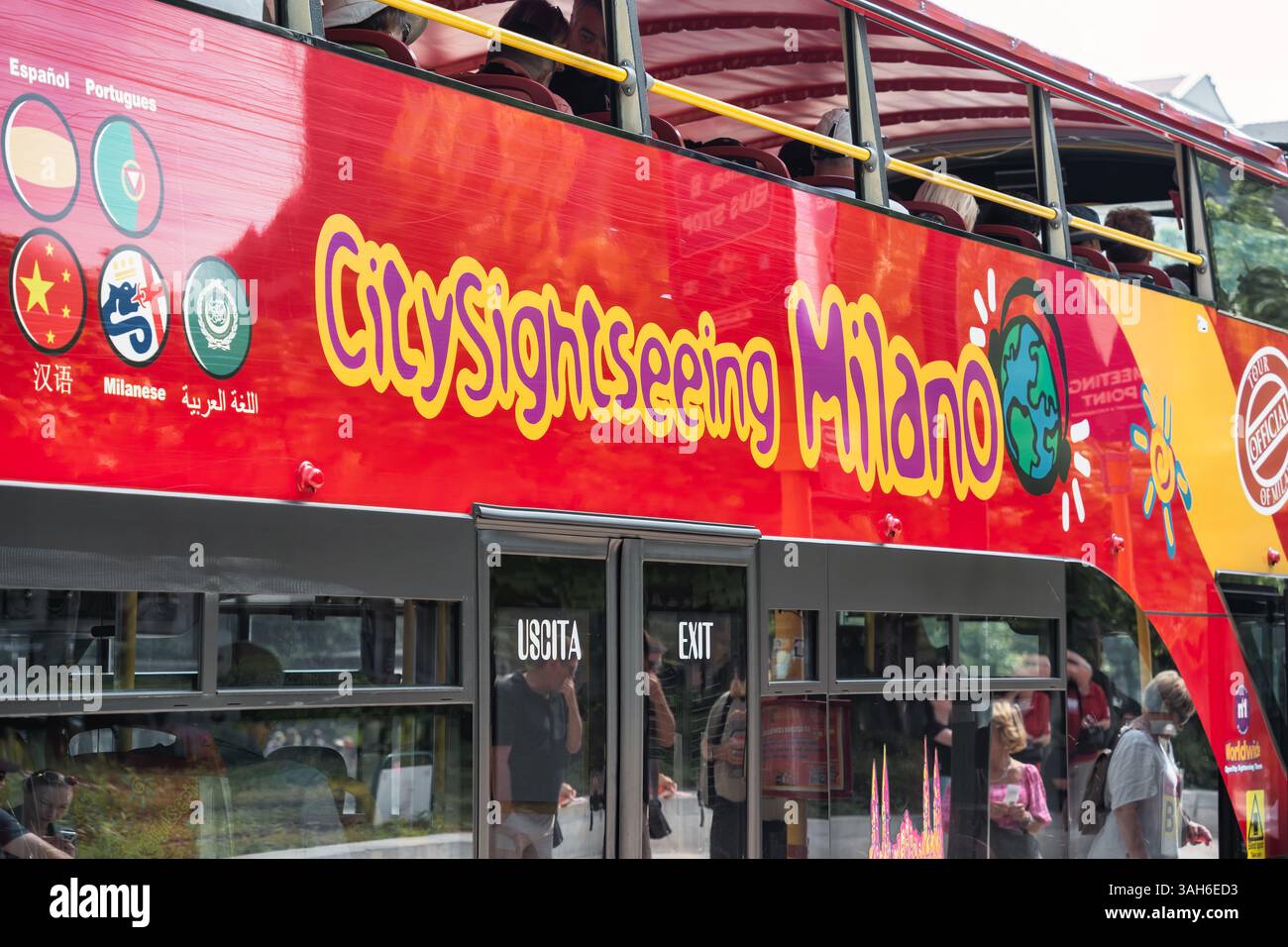 Milan, Italy - 05.14.2024: Tourist city sightseeing hop on hop off bus ...