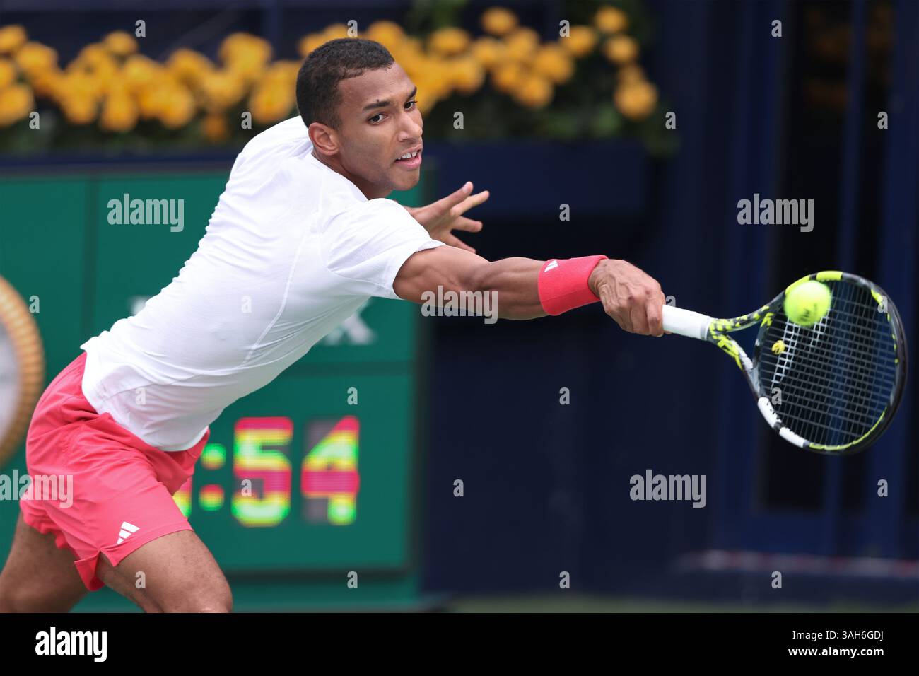 Canadian tennis player Felix Auger-Aliassime (CAN), playing a backhand shot at the 2025 Dubai ...