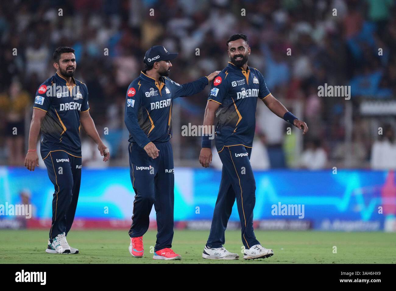 Gujarat Titans' Kulwant Khejroliya celebrates the wicket of Rajasthan ...