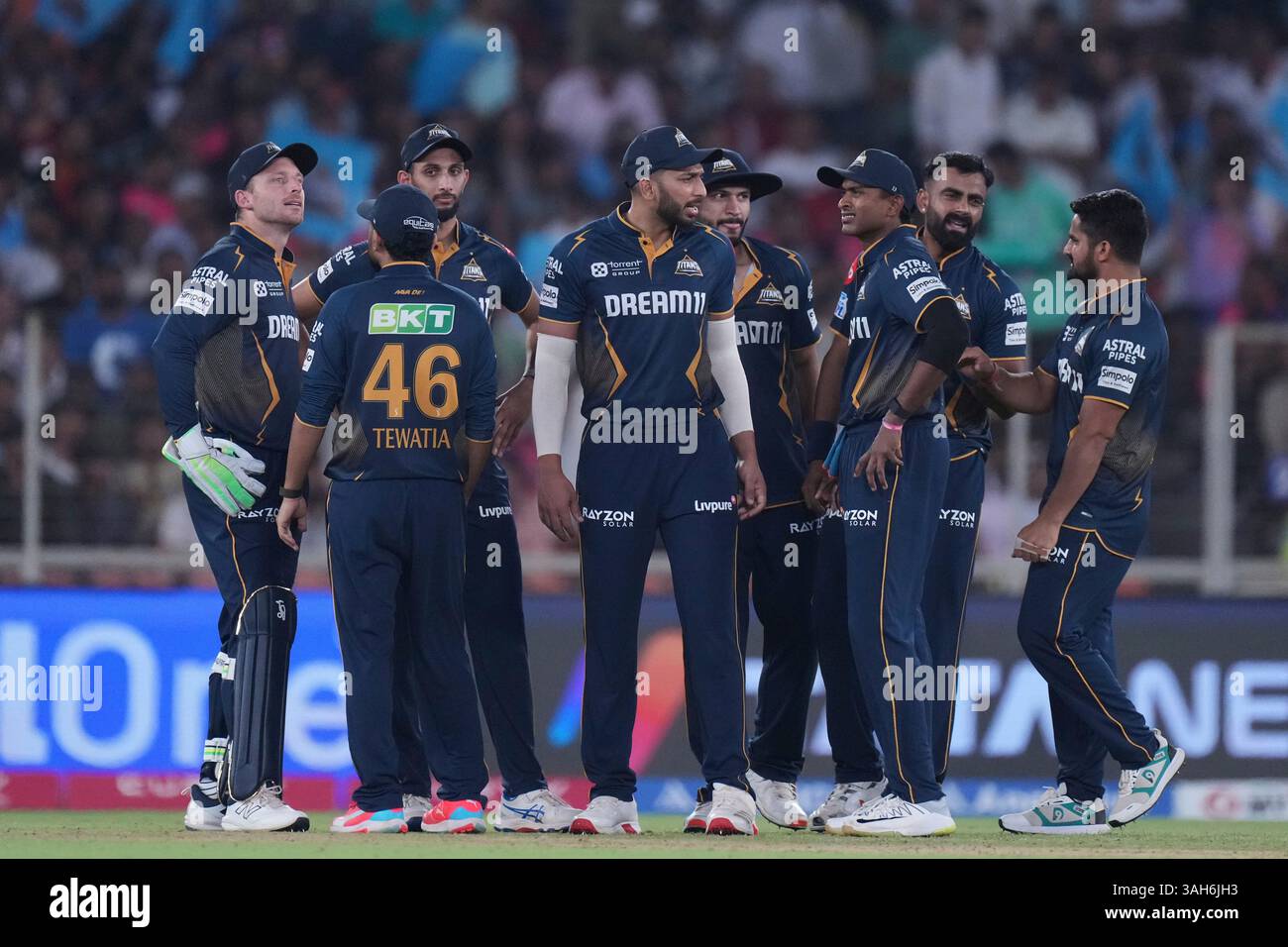 Gujarat Titans' Kulwant Khejroliya celebrates the wicket of Rajasthan ...