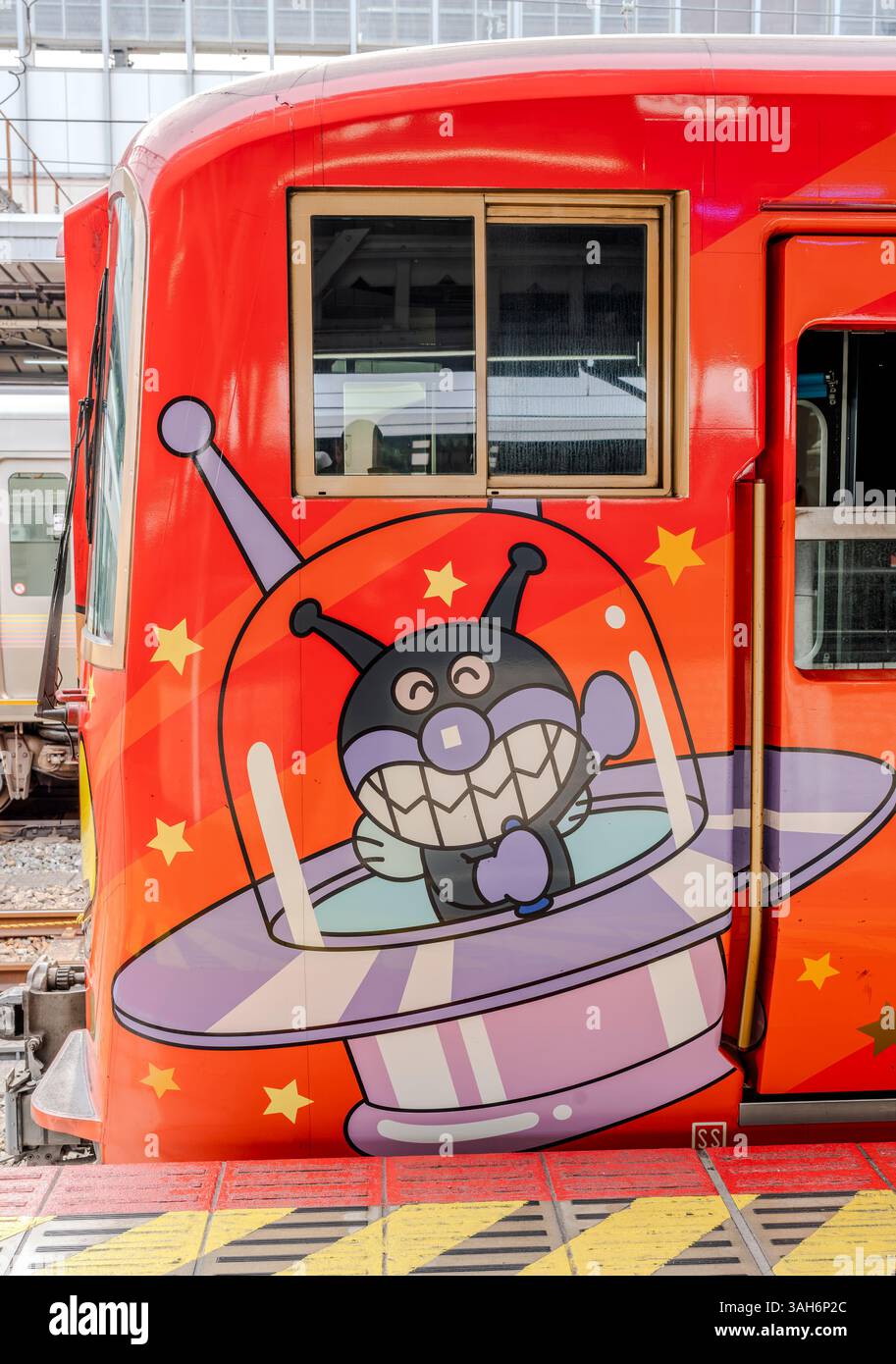 The character Baikinman decorating a JR Shikoku Anpanman train at ...