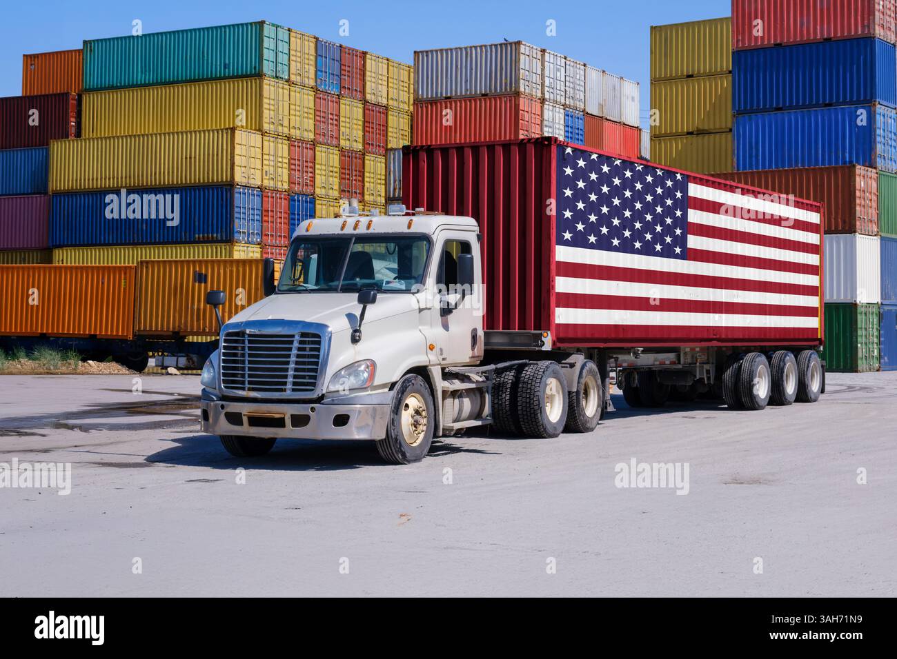 A USA-marked shipping container on a truck, illustrating American ...