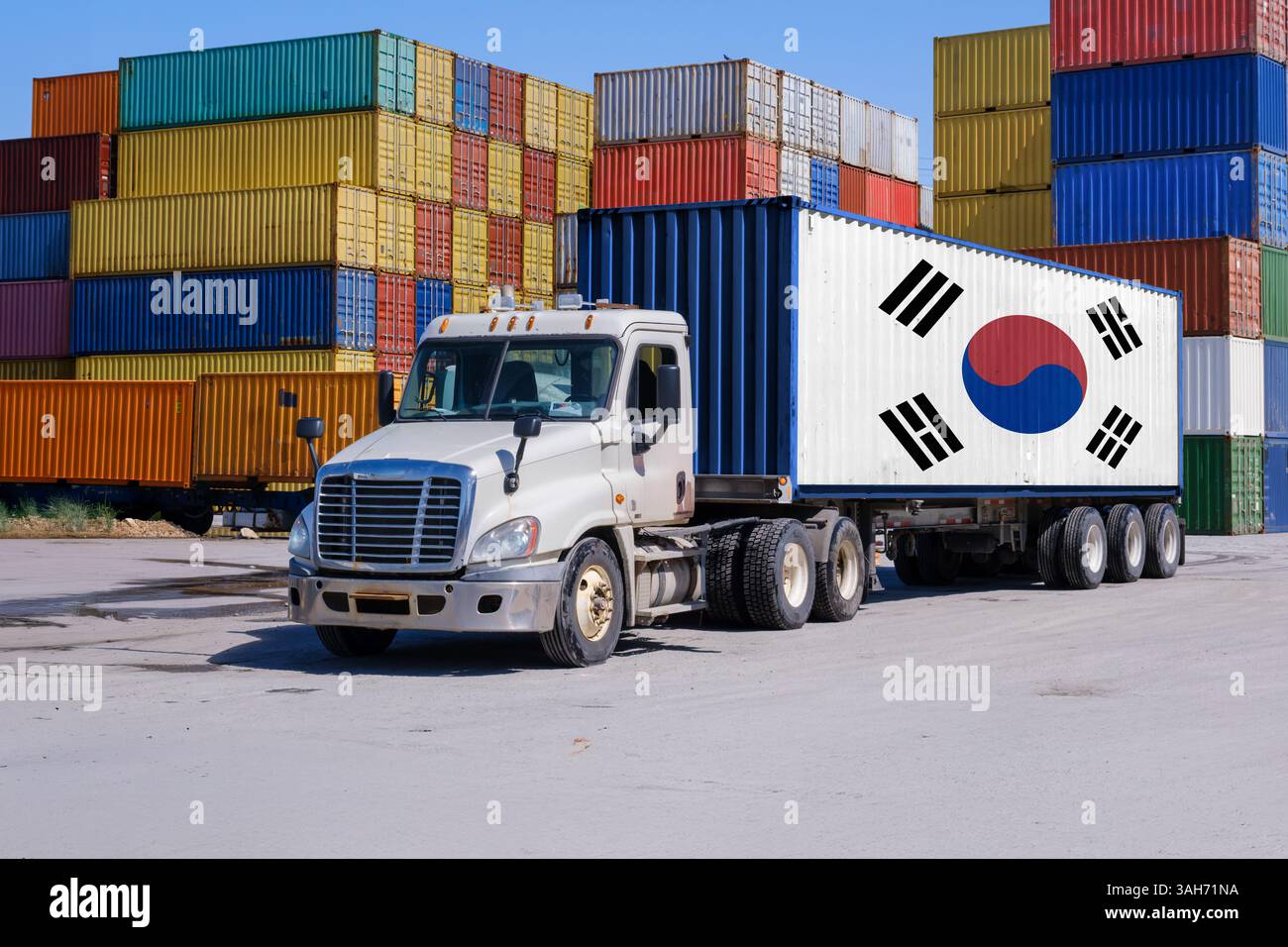 A South Korea-marked shipping container on a truck, illustrating South ...