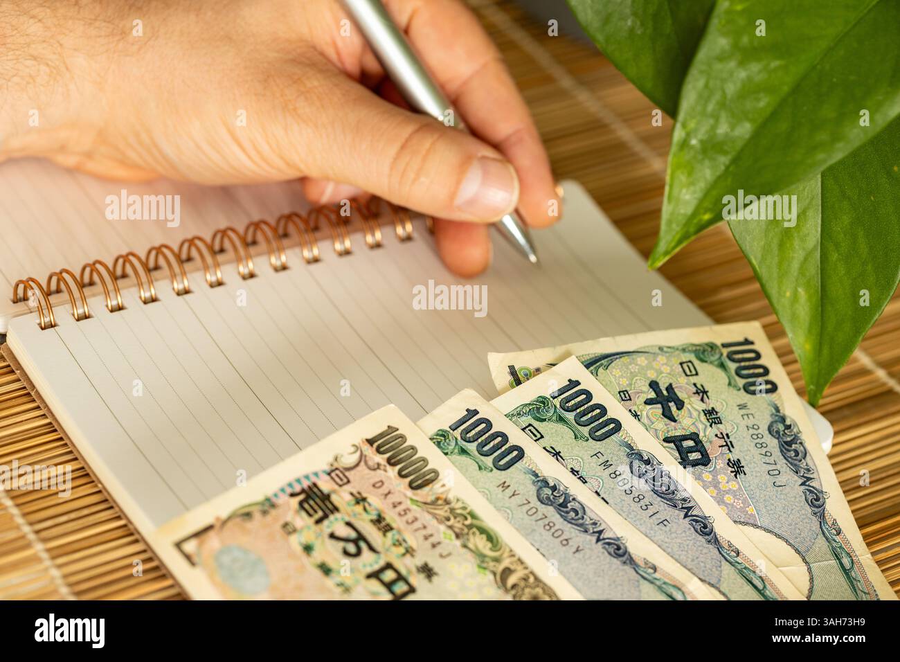 A Japanese man holding money in his hand and writing down his income ...