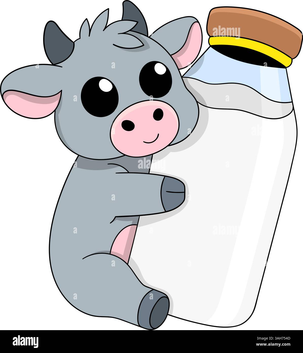 Adorable cartoon style baby cow cuddling a large glass bottle of milk ...