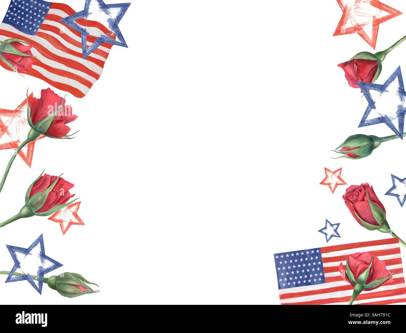 Watercolor national American symbols border isolated background. Red ...