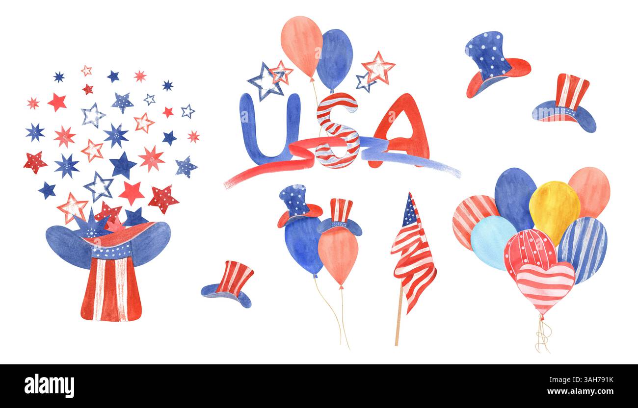 American flags, stars, hats, balloons watercolor illustration isolated ...