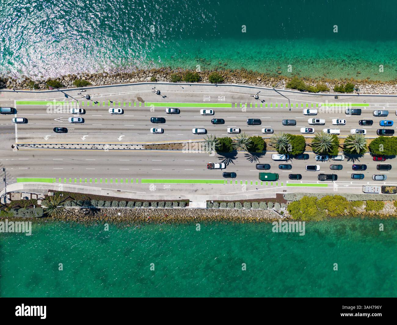 Aerial view of Causeway bridge over Biscayne Bay with urban traffic ...