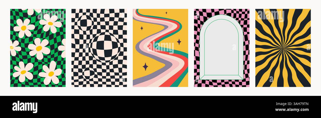 Abstract psychedelic retro pattern set. Groovy backgrounds in vivid ...