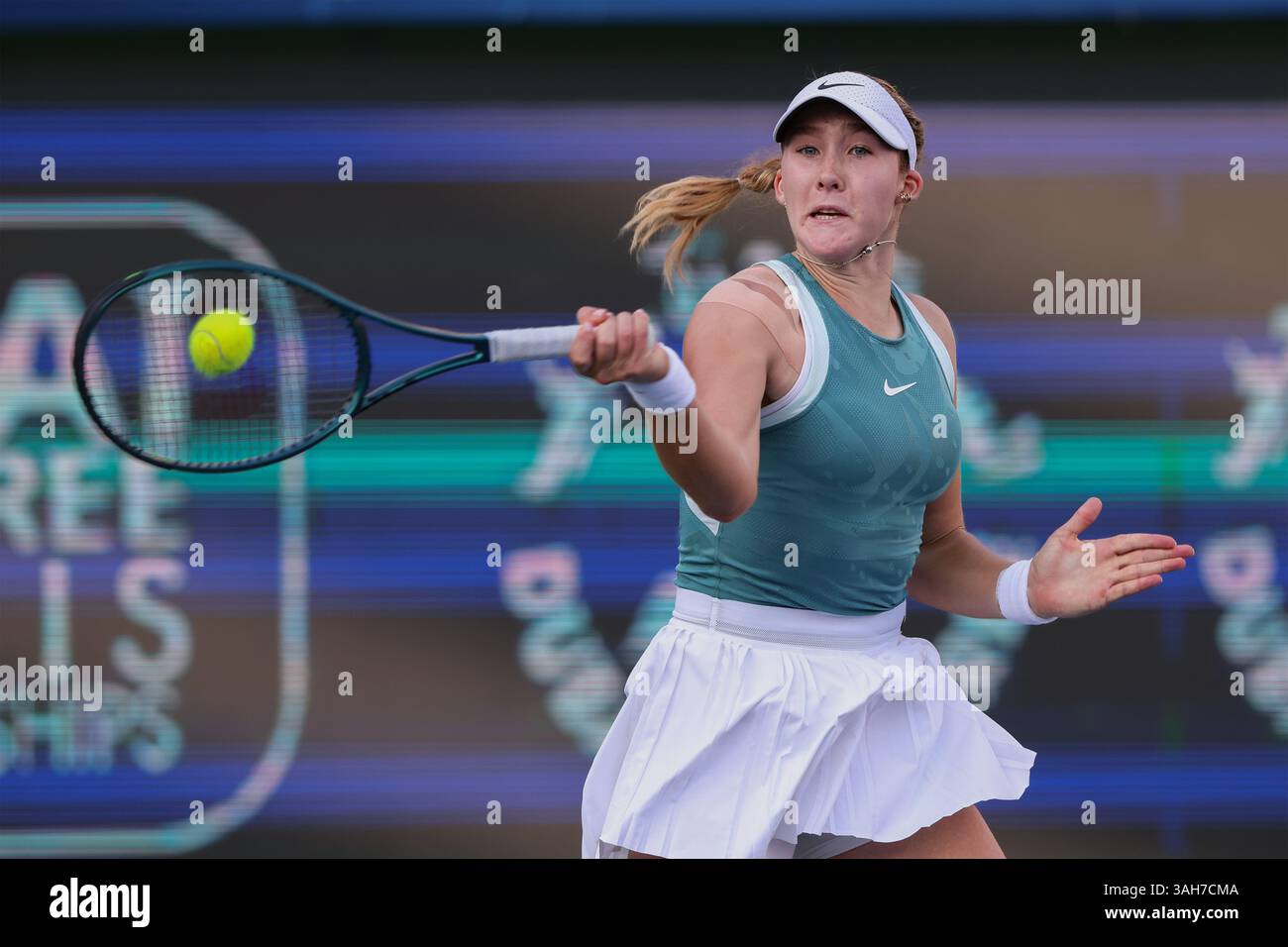 Russian tennis player Mirra Andreeva playing a forehand shot at the ...