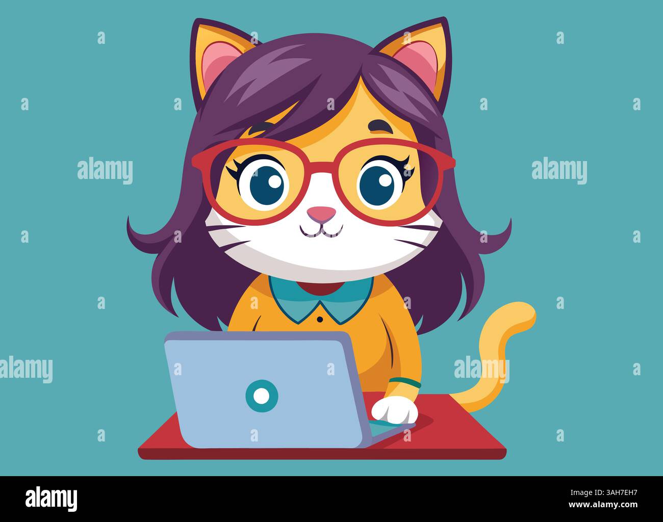Cute cat with long hair and eyeglasses using Laptop computer vector ...