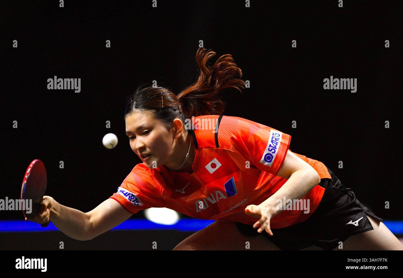 Chennai, India. 30th March, 2025. Miwa Harimoto claimed victory against Honoka Hashimoto with a ...