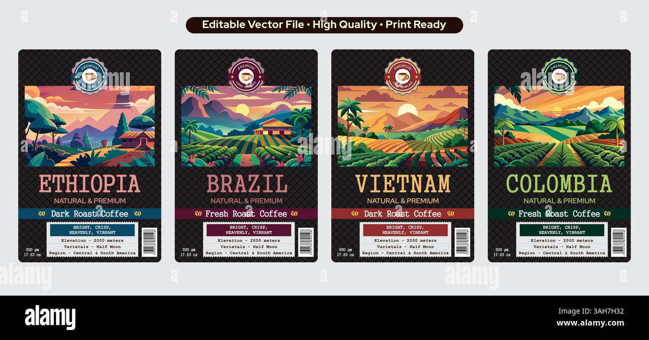 Premium Ethiopian Coffee label design in dark black theme Brazil Coffee ...
