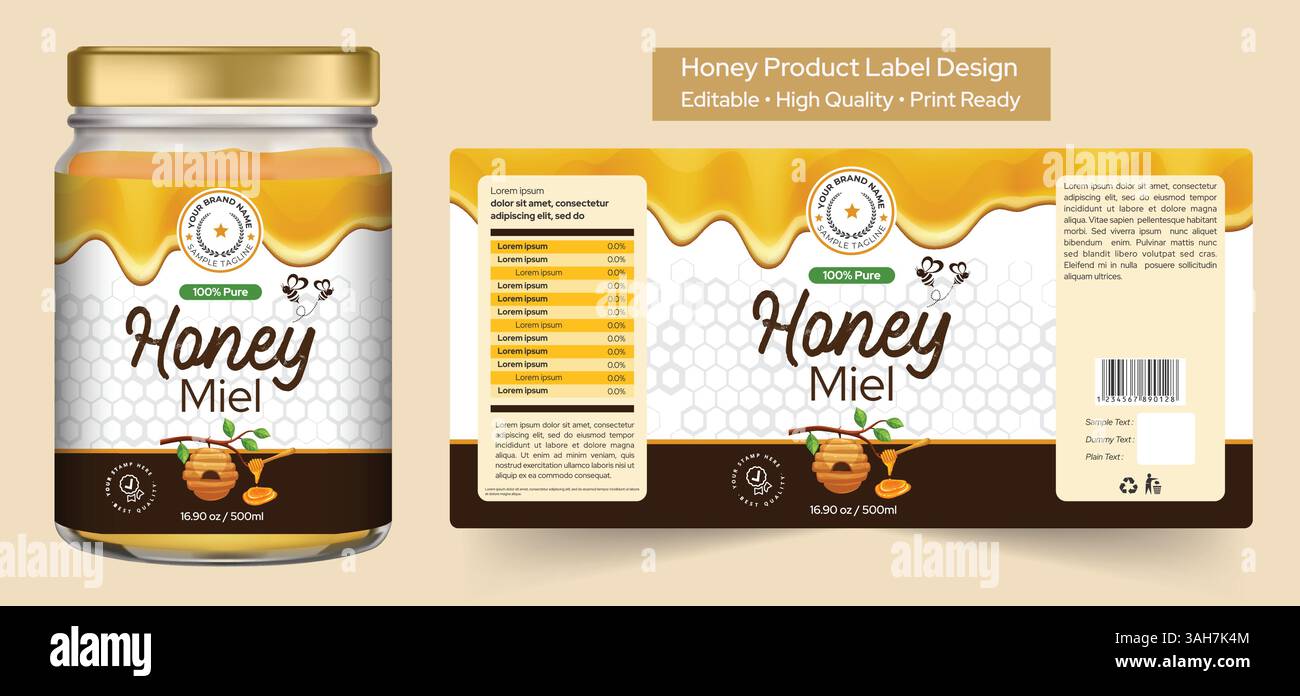 Honey label design, Honey jar product packaging design with honeycomb ...