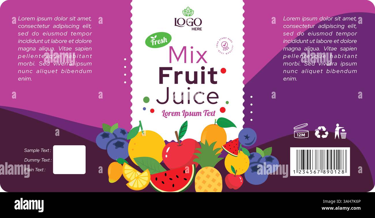 Mix Fruit Juice Label Design Template with Fresh Fruit Illustration ...