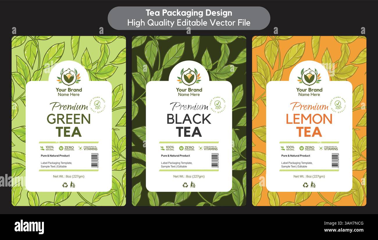 Tea label design, green tea black tea lemon and herbal tea packaging ...
