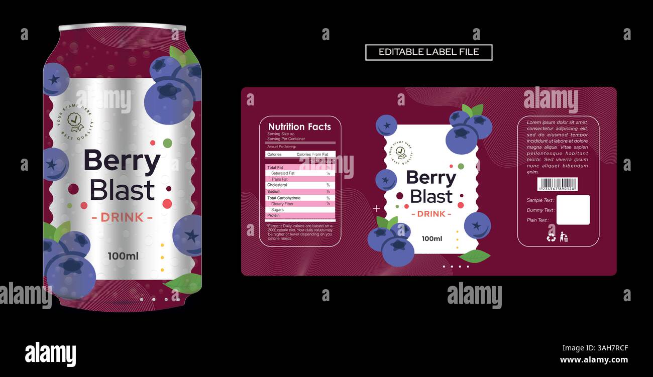 Berry Blast Juice Drink Label Design Template with Fresh Berry ...