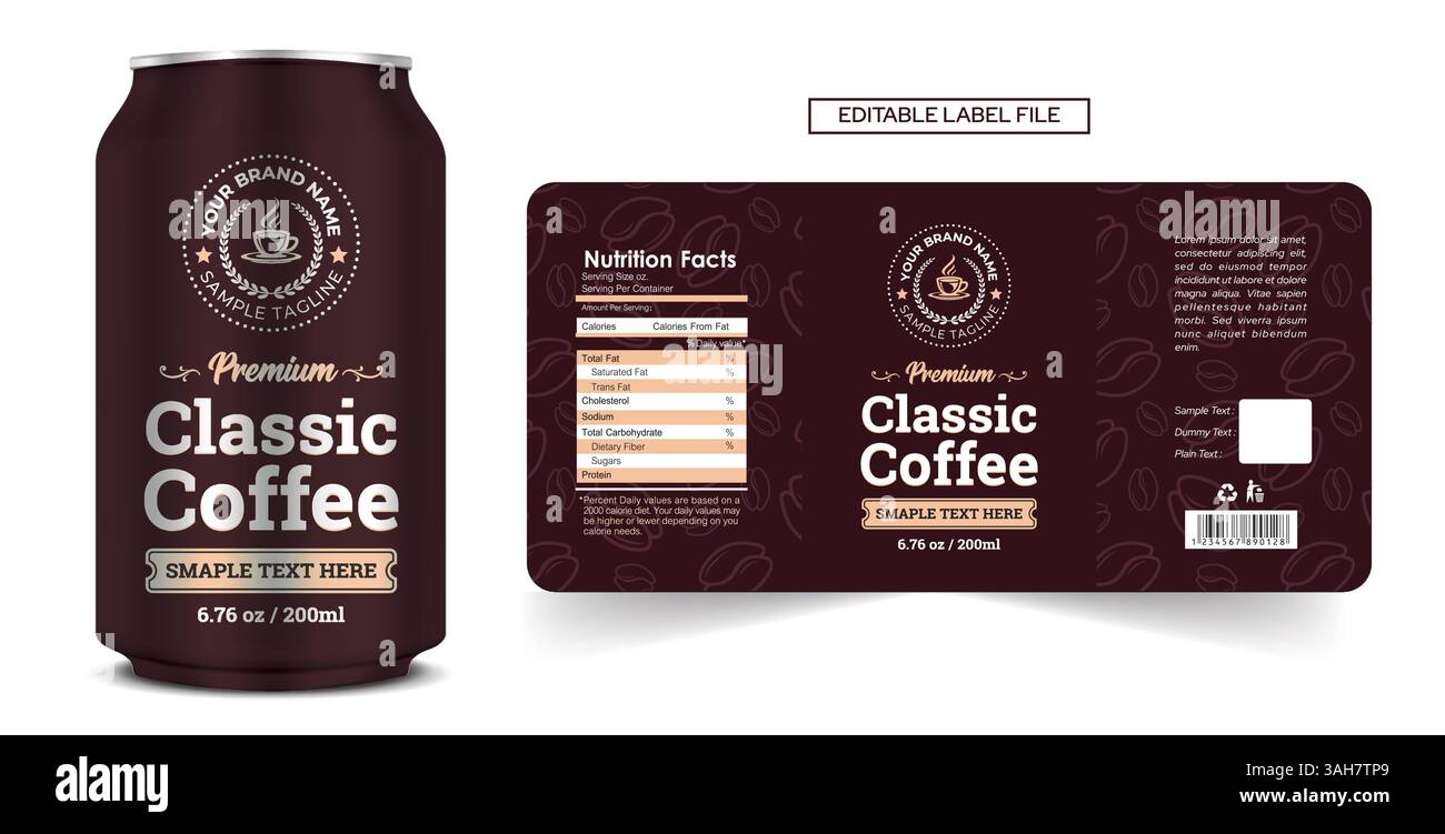 Cold Coffee Label Design, Classic Coffee can drink label packaging ...