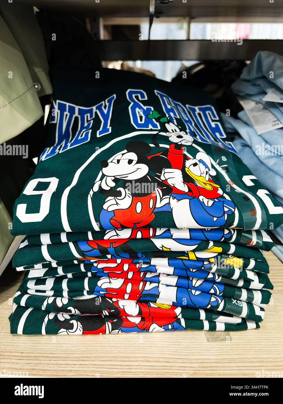 Kyiv, Ukraine - April 08, 2025: Several folded cartoon themed Mickey ...