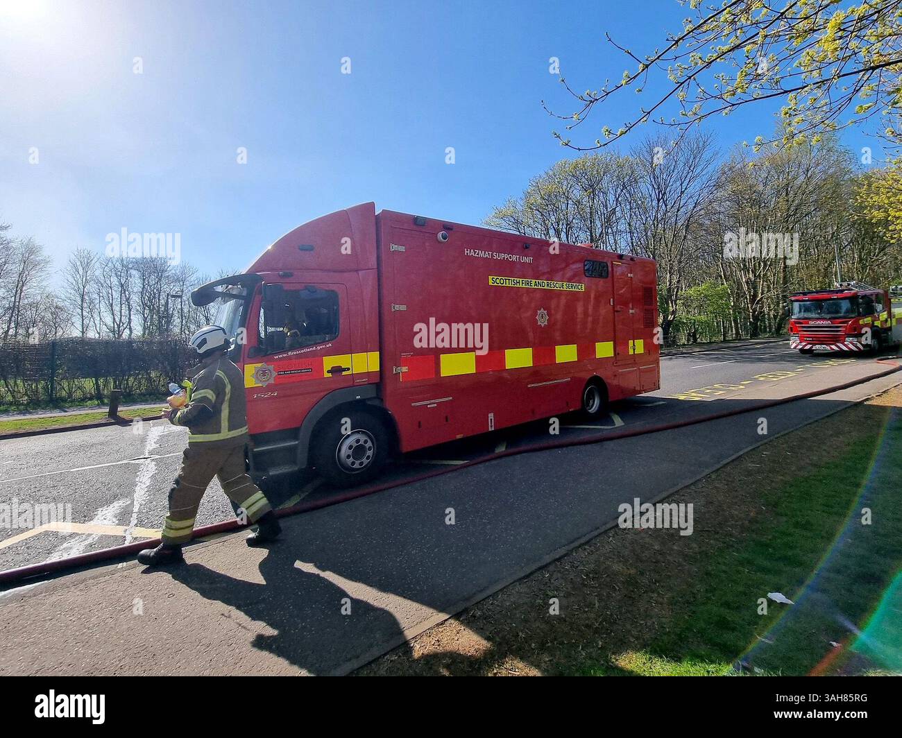 A view of a Scottish Fire and Rescue Service truck at the scene of a ...
