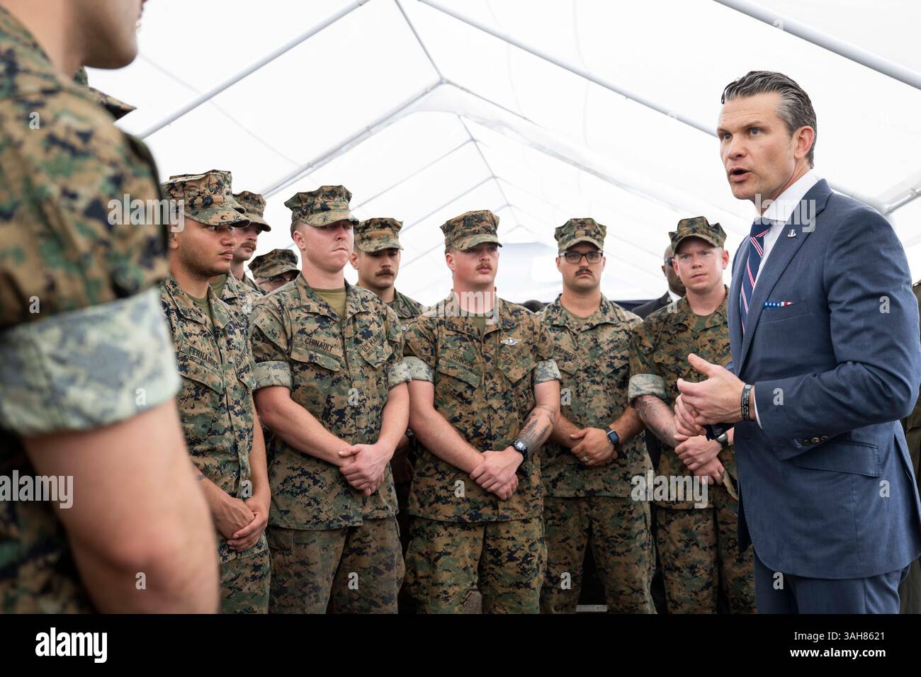Secretary of Defense Pete Hegseth speaks to U.S. Marine Corps Marines ...