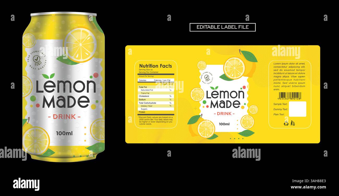 Lemon drink label design, lemon juice soft drink label design. Soda can ...
