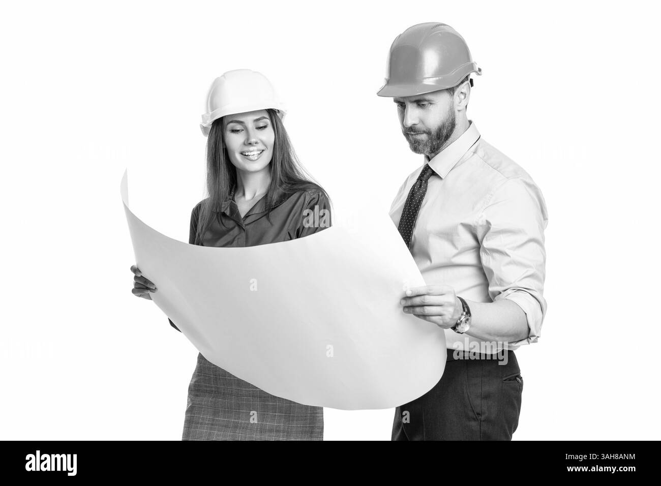 Supervisor engineer with blueprint. Plan construction project ...