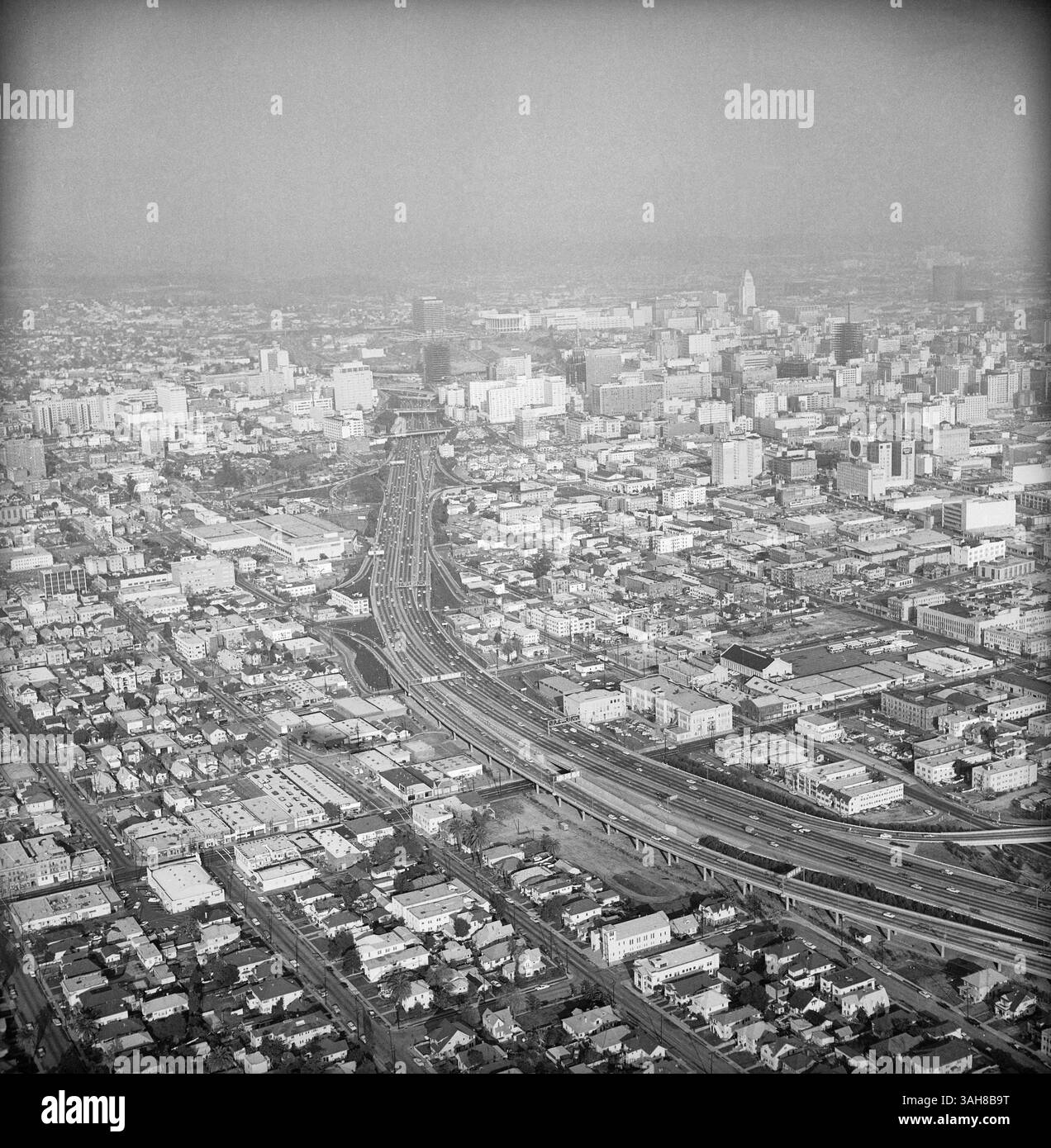 Aerial view of the Harbor freeway lookiing towards downtown Los Angeles ...