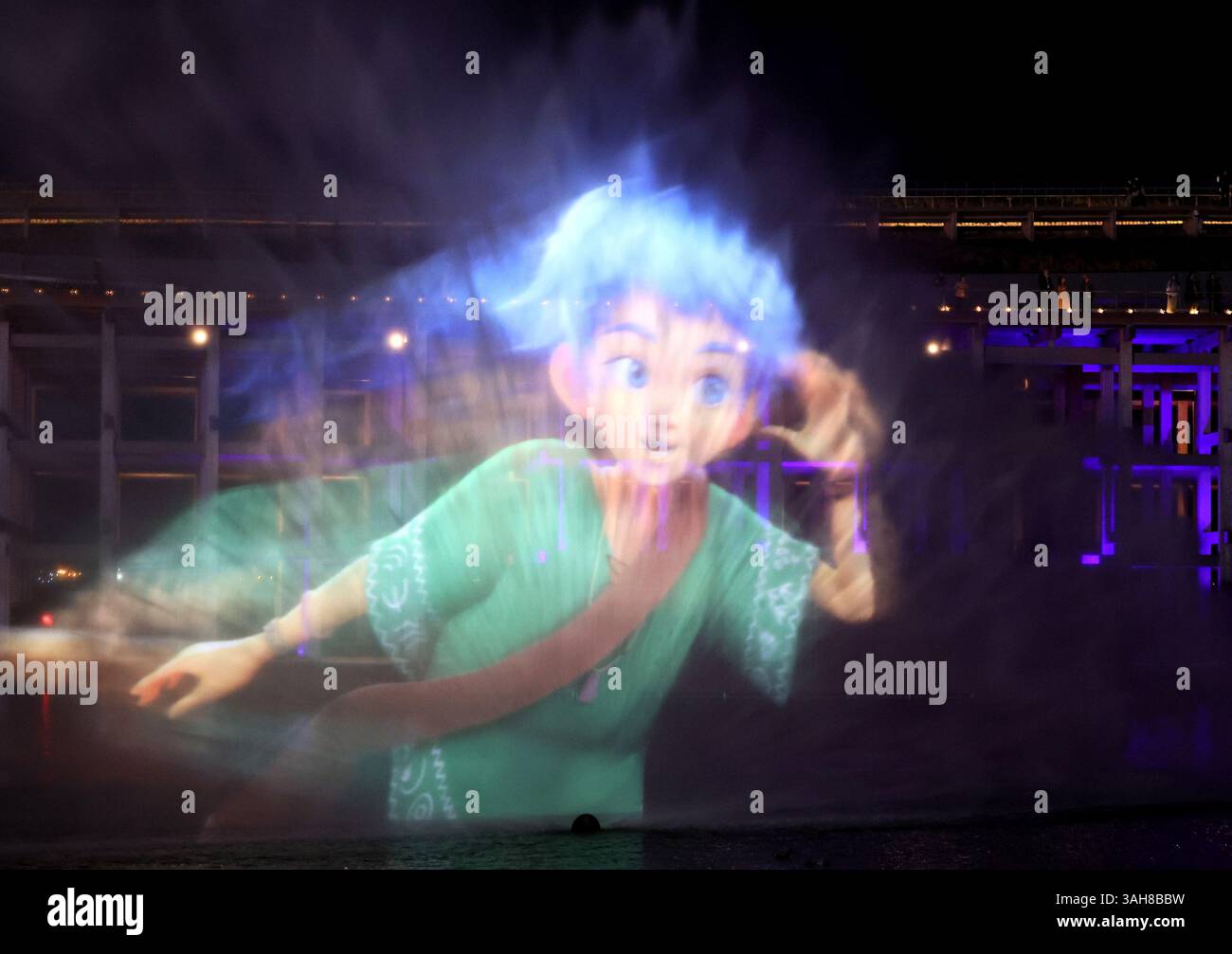 Osaka, Japan. 9th Apr, 2025. Animation movie is projected on water ...