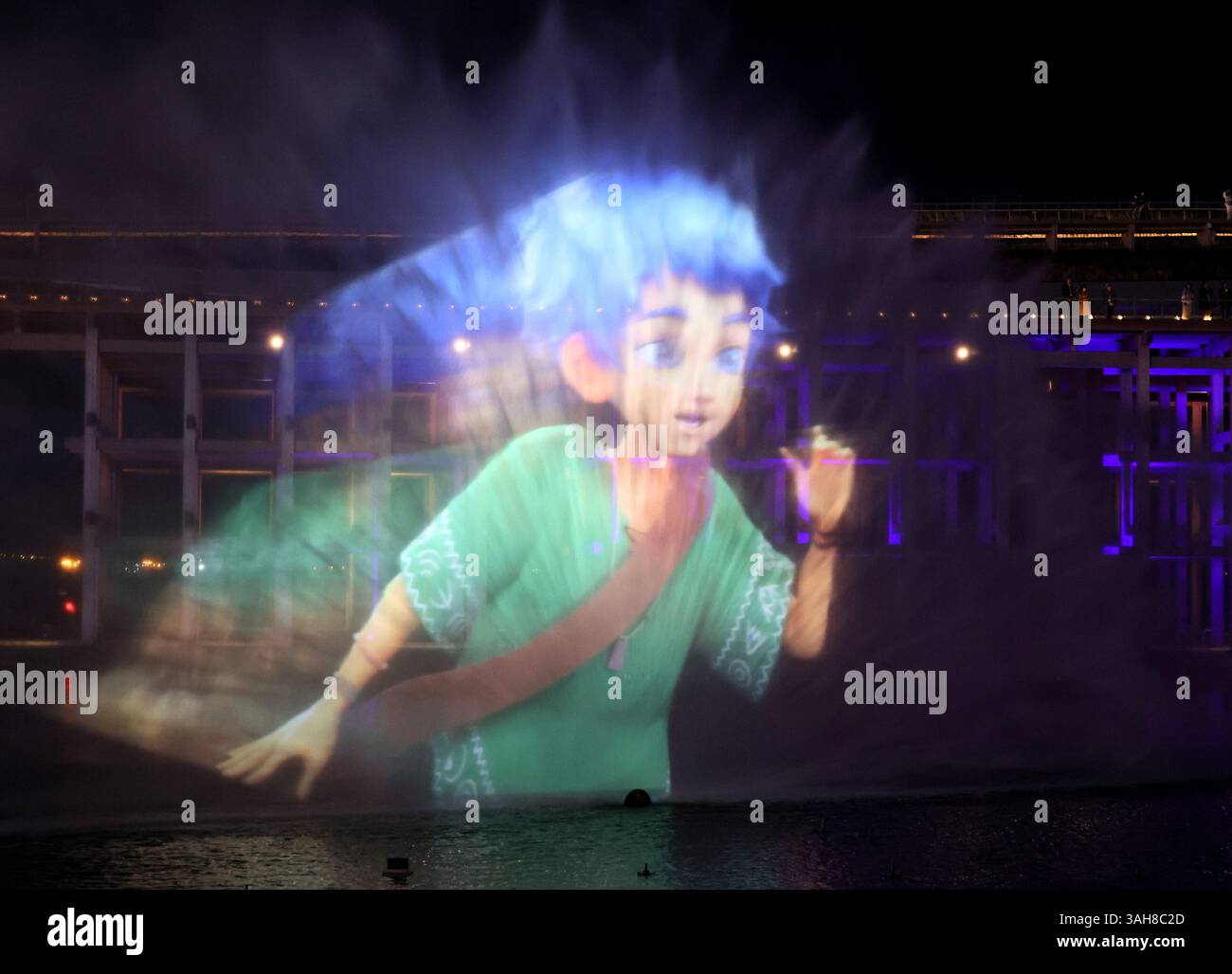 Osaka, Japan. 9th Apr, 2025. Animation movie is projected on water ...