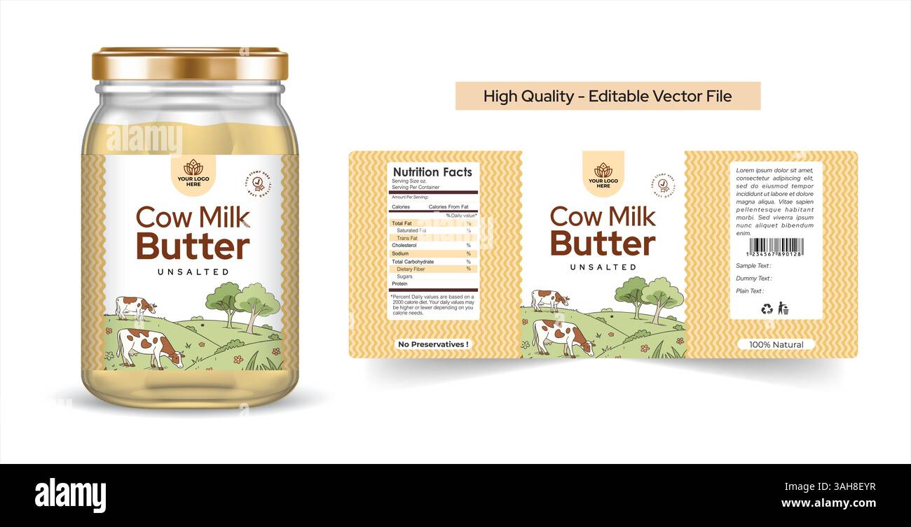 Cow Butter and Pure Ghee Label Designs with Jar 3D Mockup Premium ...
