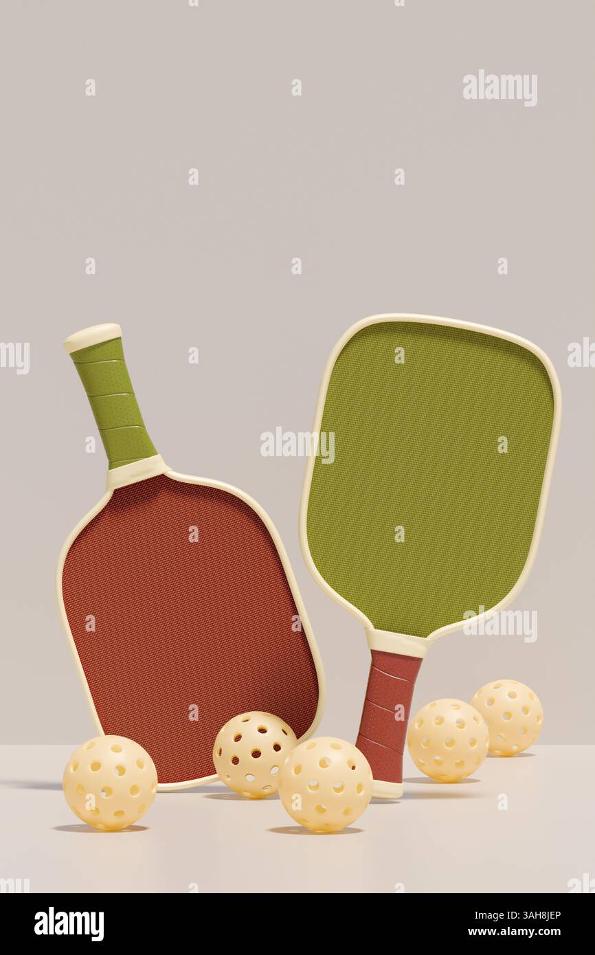Pickleball paddles and balls displayed on a neutral background. 3d ...