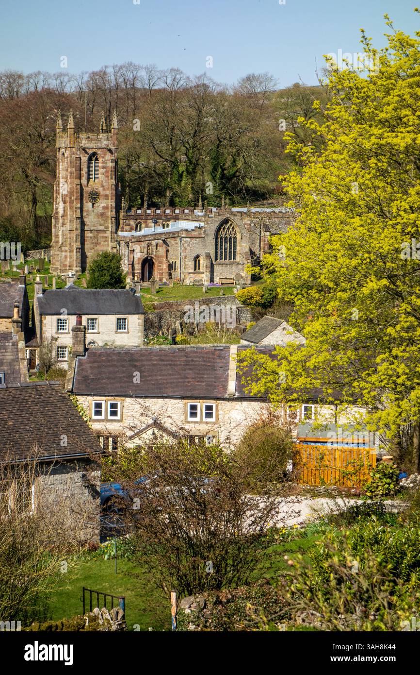 View over the Derbyshire Peak District National Park village of ...