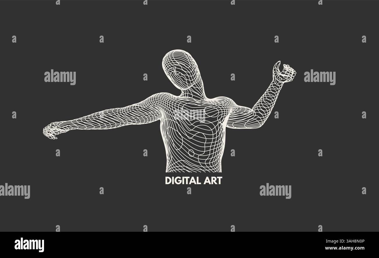 3d model of man. Vector illustration. Wire connection to virtual ...