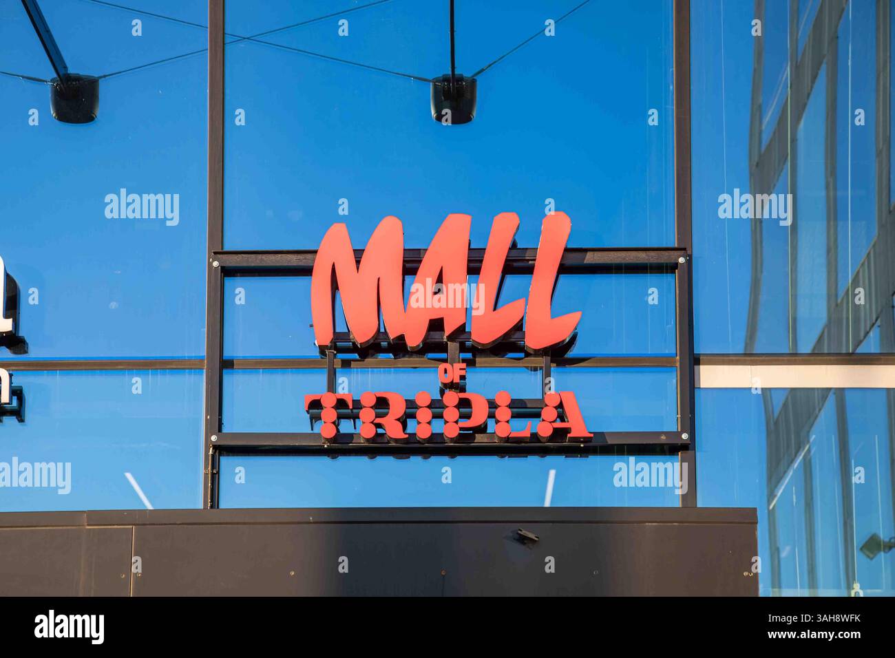 Red Mall of Tripla fascia sign over entrance in Pasila district of ...