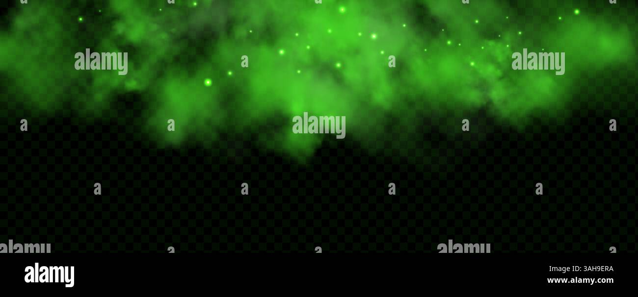 Green fog swirling and sparkling with glowing particles.Realistic ...