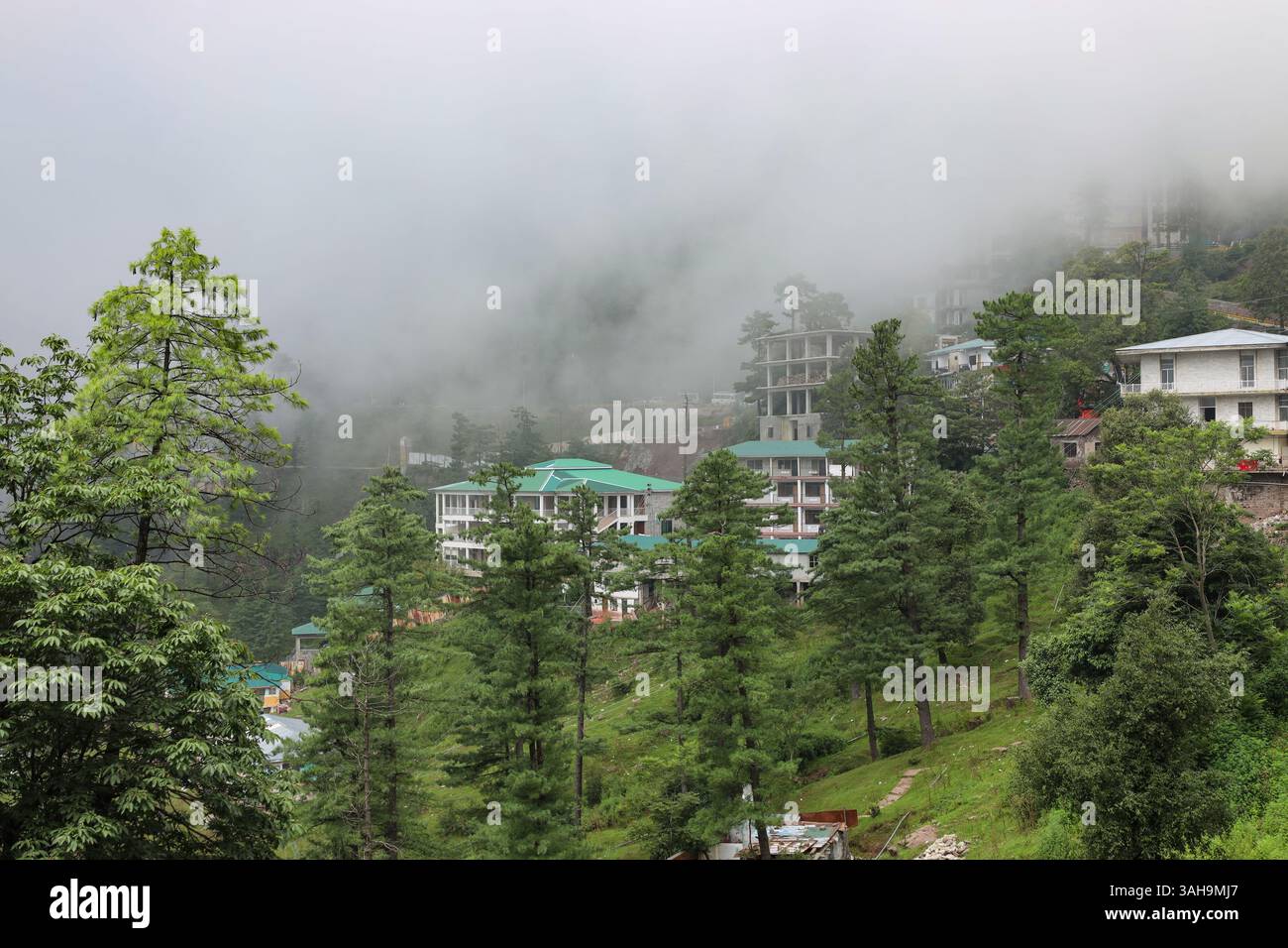 Lush green summer views of Murree, Punjab, Pakistan: houses and ...