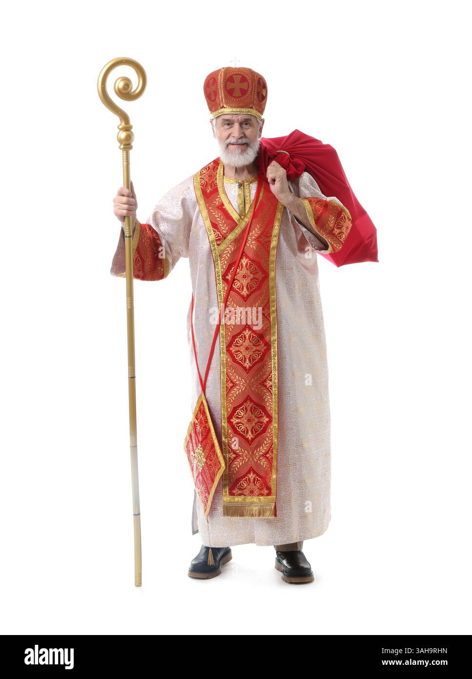 Saint Nicholas with sack on white background Stock Photo - Alamy