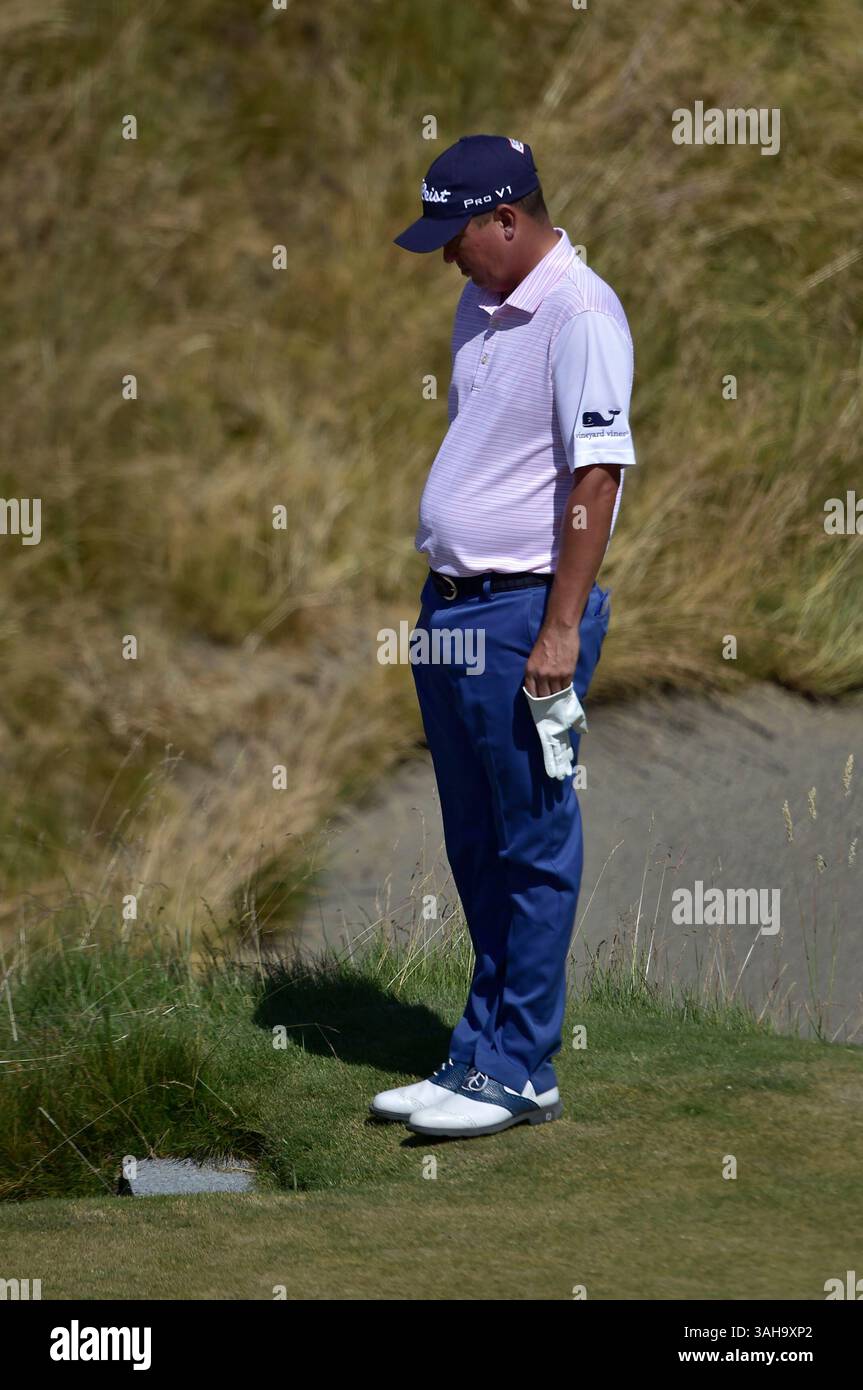 June 20, 2015..Jason Dufner finds his ball on the steps to a sand trap ...