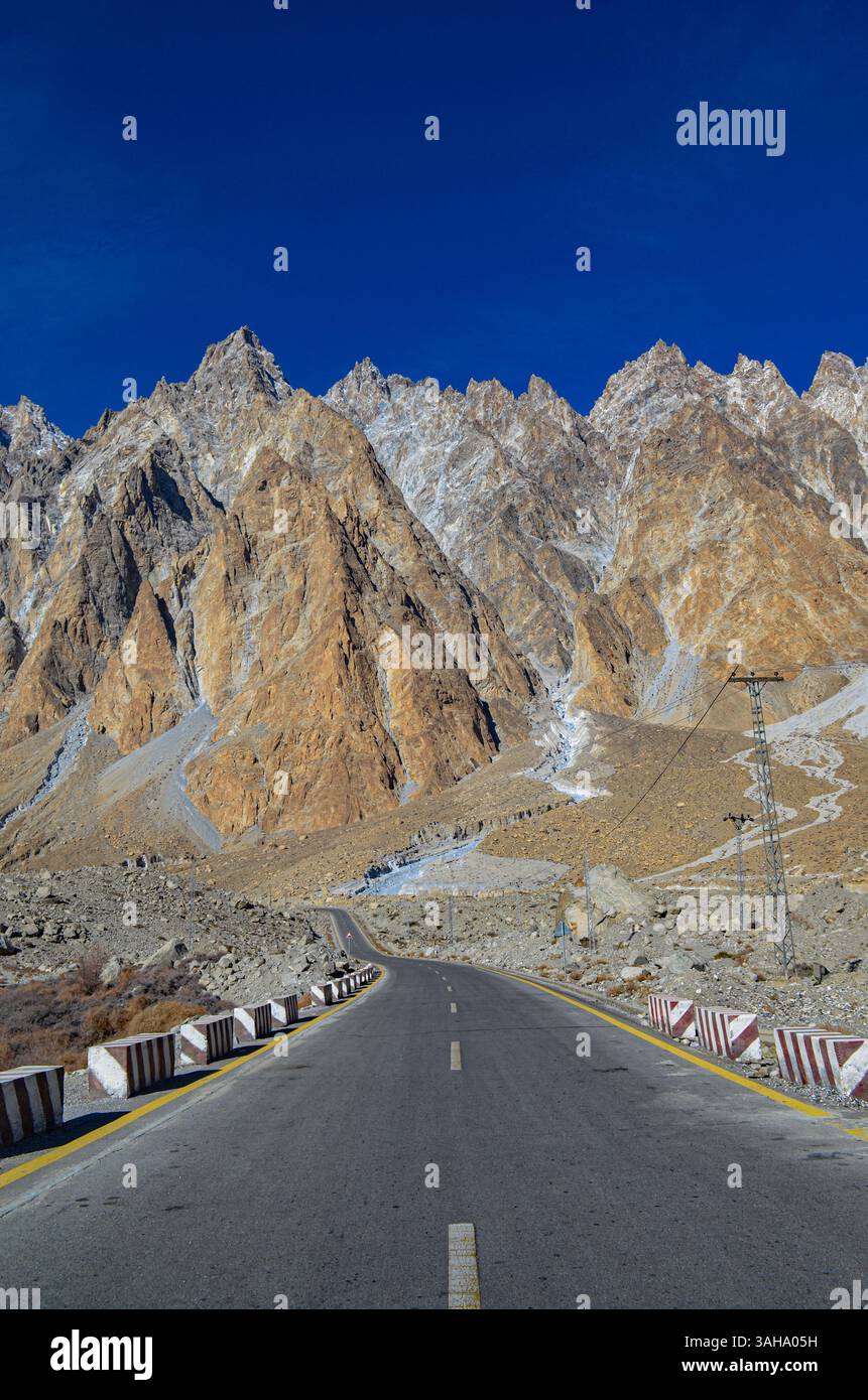 Sunlit Passu Cones piercing summer skies above Upper Hunza, Gilgit ...