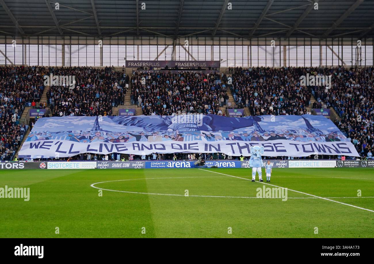 Coventry City fans hold a banner in the stands before the Sky Bet ...