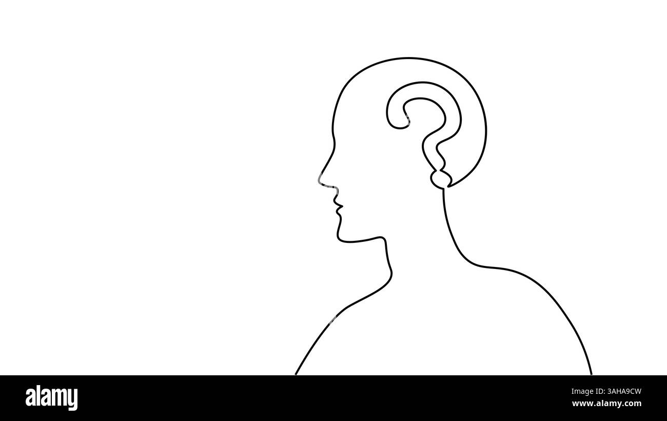 Continuous line drawing human head. Question mark inside brain ...