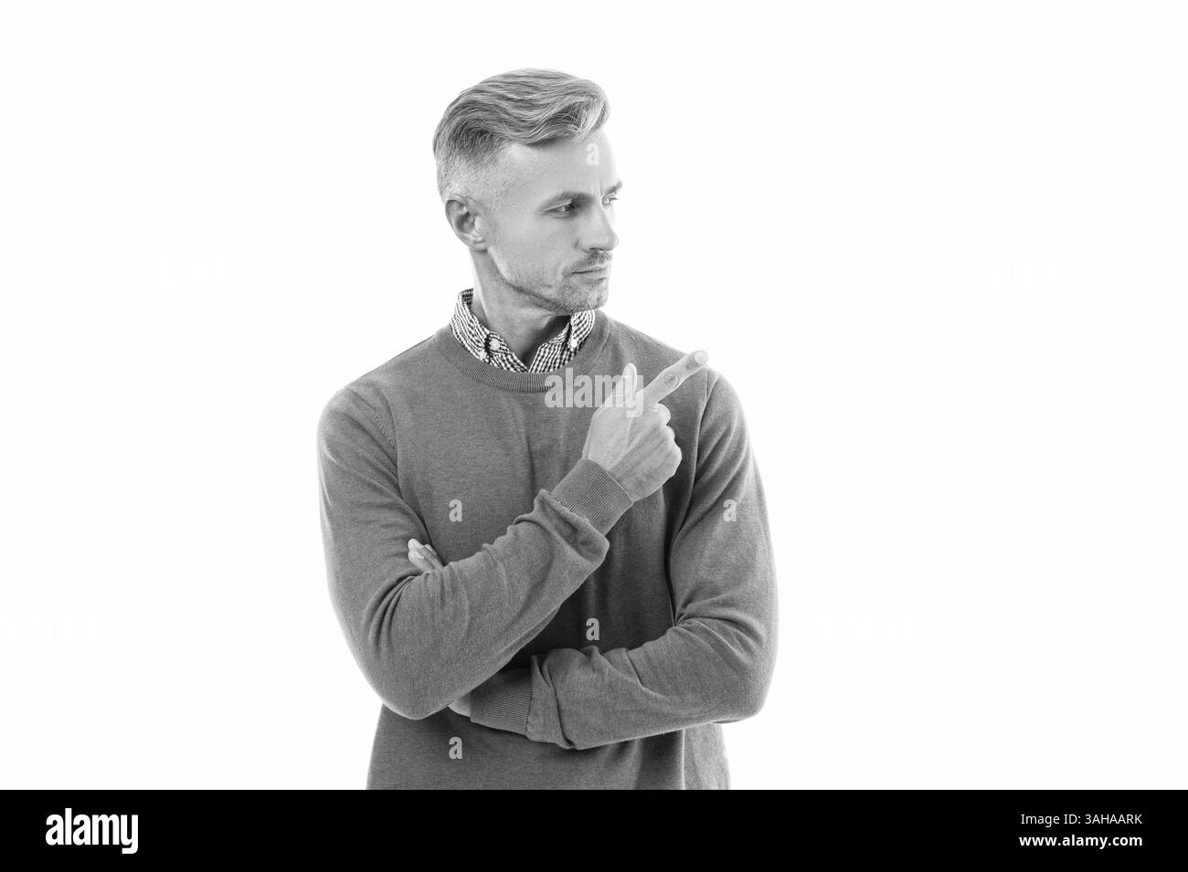 mature grizzled guy with stubble pointing finger isolated on white ...