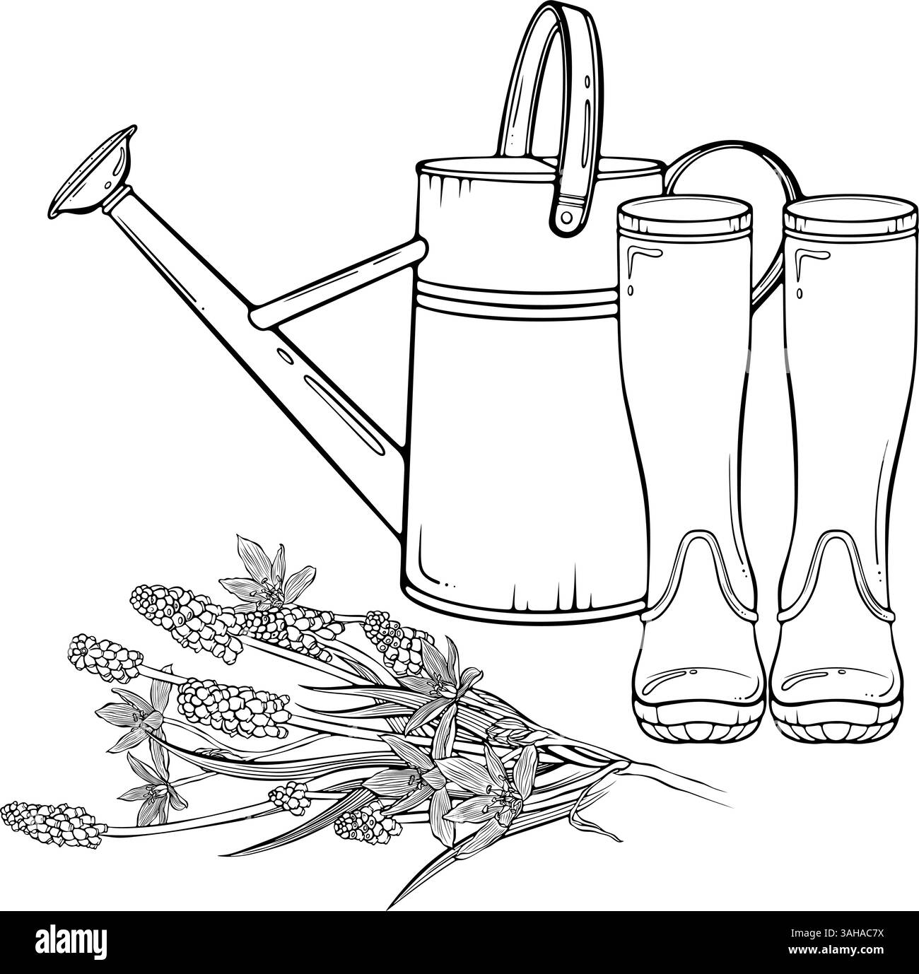 Watering can rubber boots spring flowers line art Stock Vector Image ...