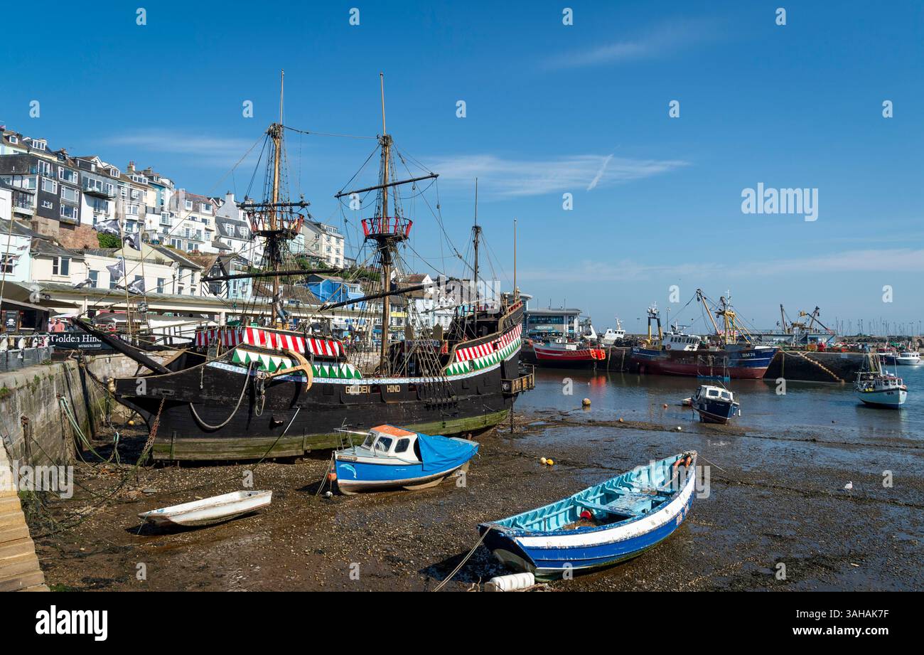 Brixham Harbour in Devon, with Golden Hind museum ship Stock Photo - Alamy