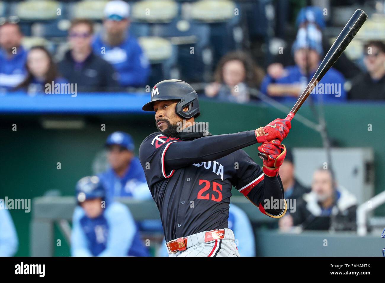 April 7, 2025: Minnesota Twins center fielder Byron Buxton (25) bats ...
