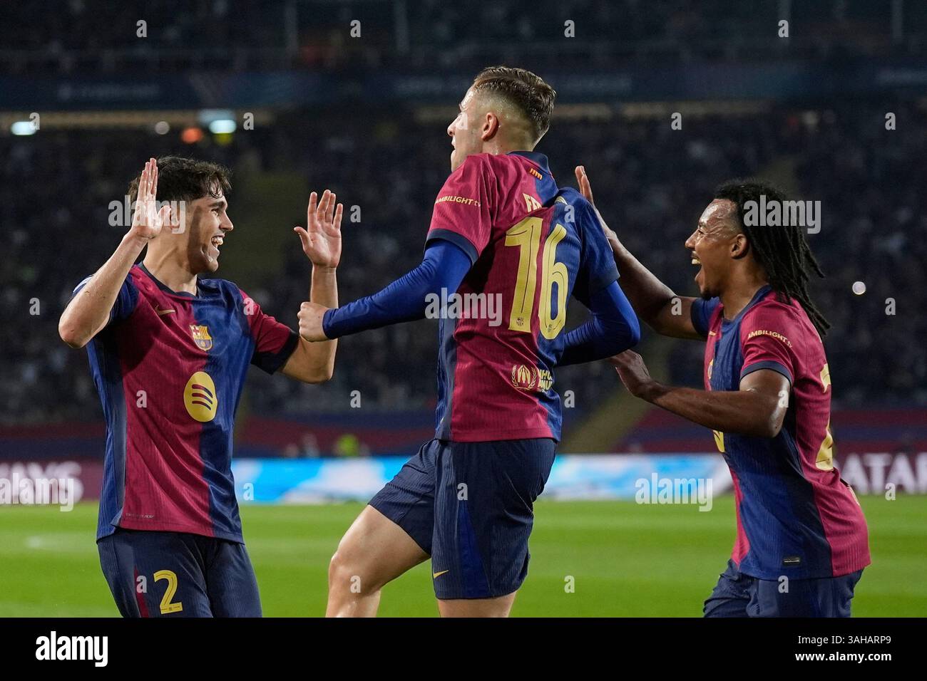 Barcelona's Pau Cubarsi, left, Barcelona's Fermin Lopez, center, and ...