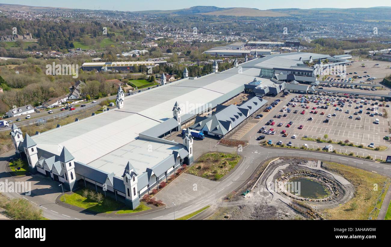 Merthyr Tydfil, Wales - 9 April 2025: Aerial view of the Trago Mills ...